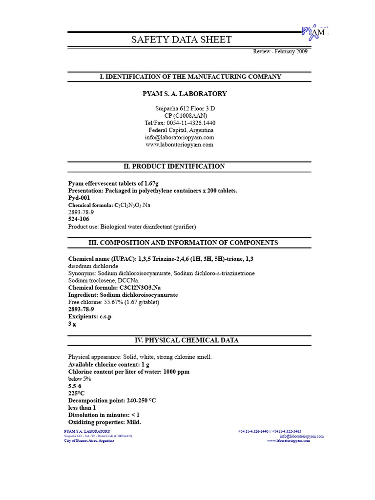 Safety Data Sheet Pyam Disinfectant | PDF | Chlorine | Chemical Substances
