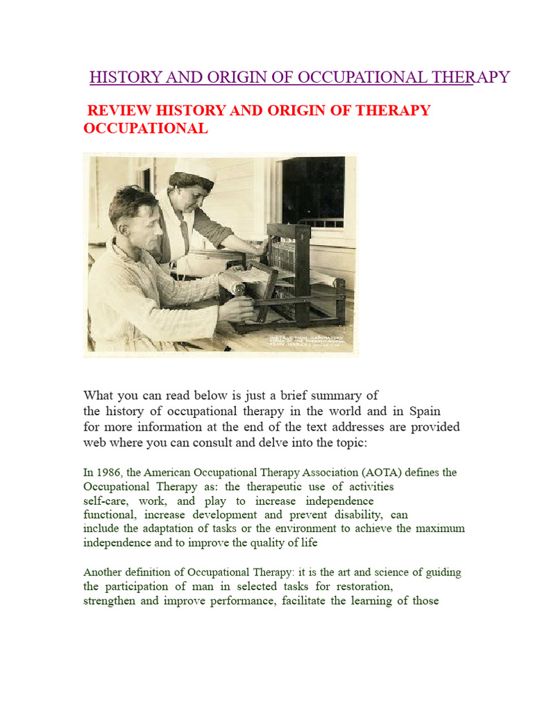 History and Origin of Occupational Therapy | PDF | Occupational Therapy ...