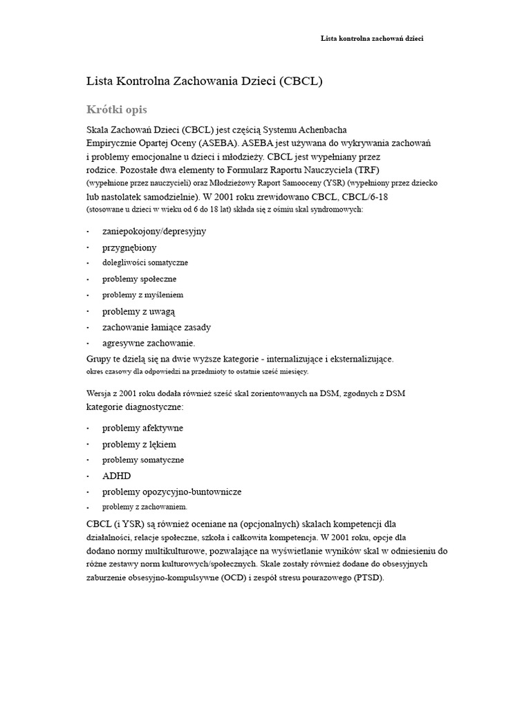 Kwestionariusz Zachowania Dziecka (CBCL) PDF | PDF
