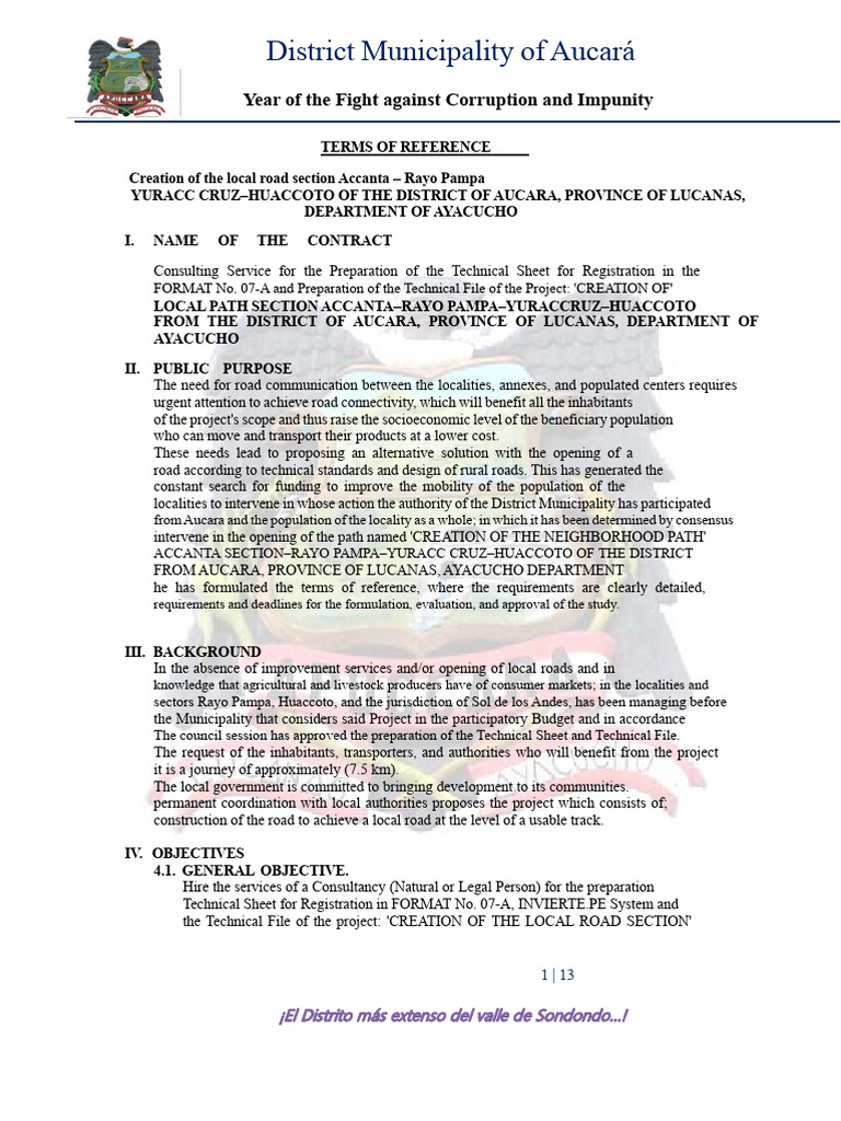 Terms of Reference For Rural Road | PDF | Environmental Impact Assessment
