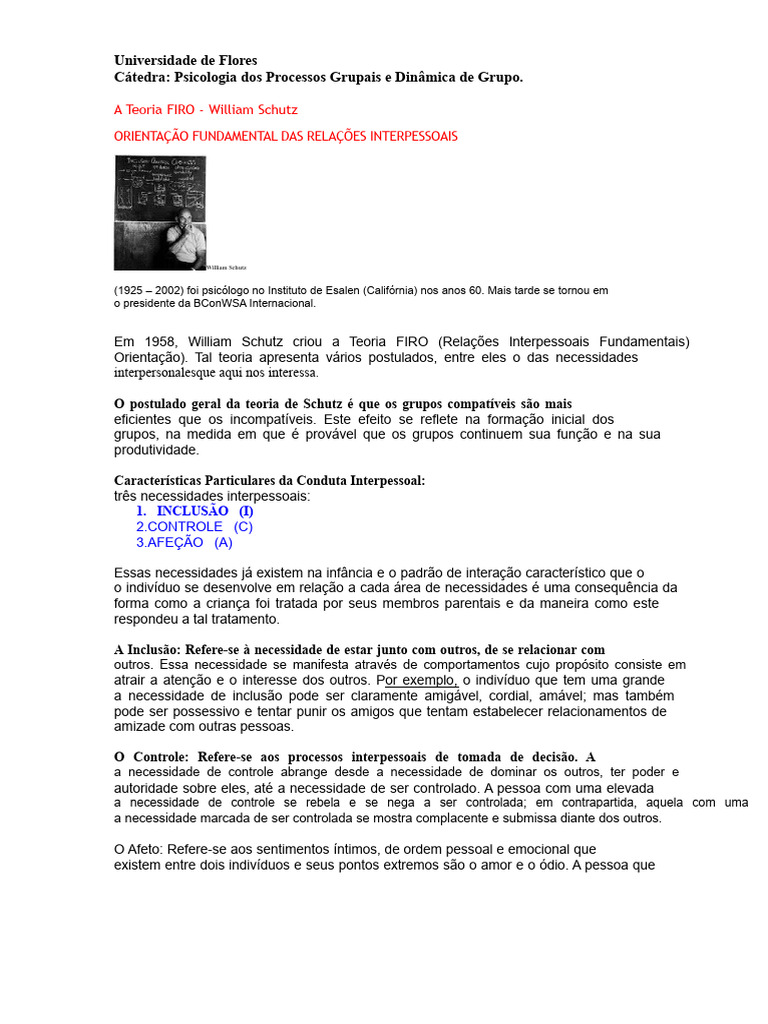 Teoria FIRO de Schutz e Dinâmica de Grupo | PDF | Afeto (Psicologia ...
