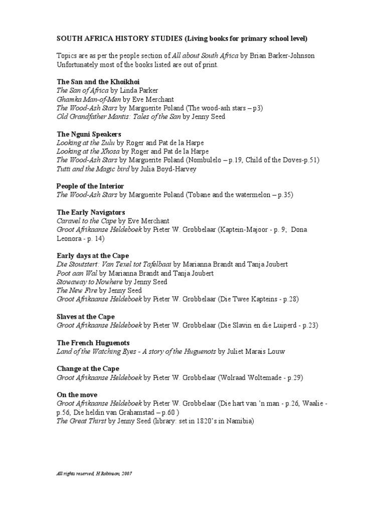 South African History - Primary School Reading List Var 2 | PDF | South ...
