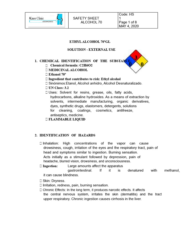 Ethyl Alcohol 70 Safety Data Sheet | PDF | Ethanol | Combustion