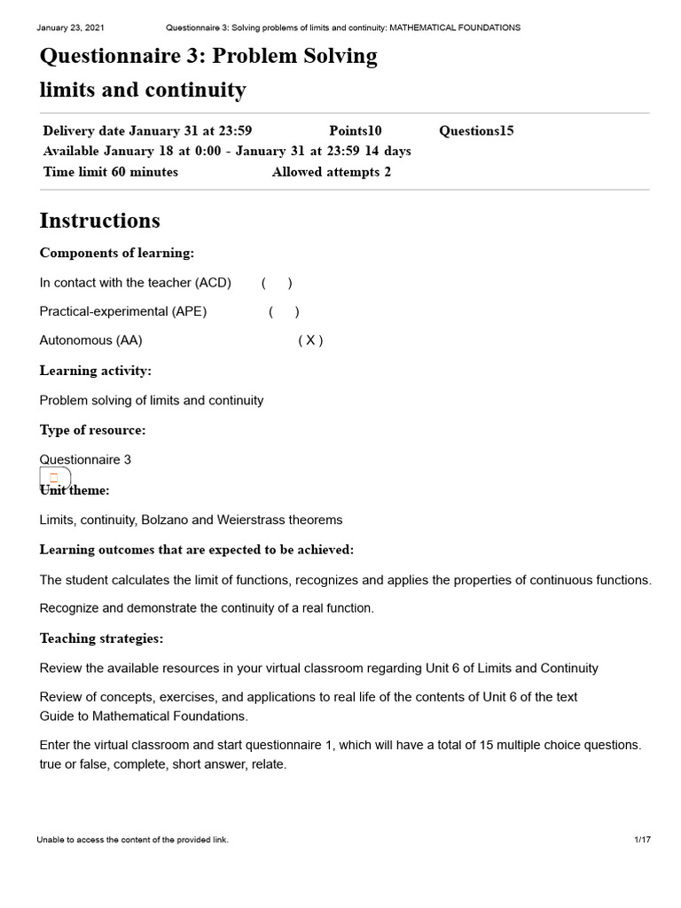 (AAB02) Questionnaire 3 - Problem Solving of Limits and Continuity - MATHEMATICAL FUNDAMENTALS ...
