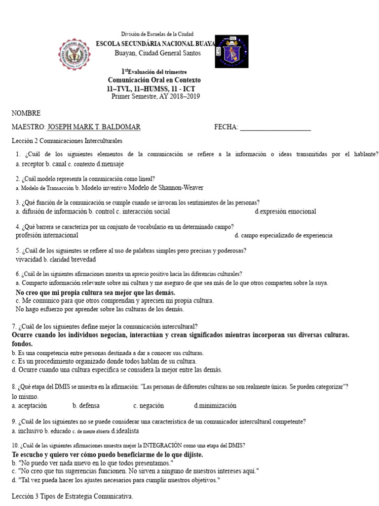 Evaluación de Comunicación Oral Intercultural | PDF | Comunicación ...