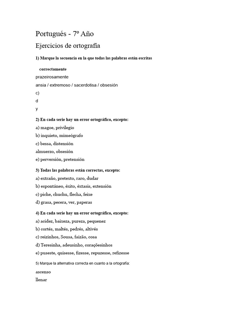 Ejercicios de Ortografía en Portugués 7º Año | PDF