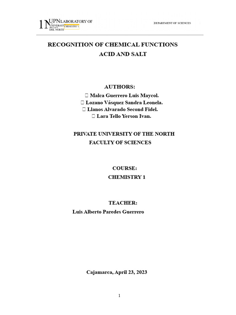 Sem05 - Chemistry Laboratory Report 1 - Acid and Salt Function | PDF ...