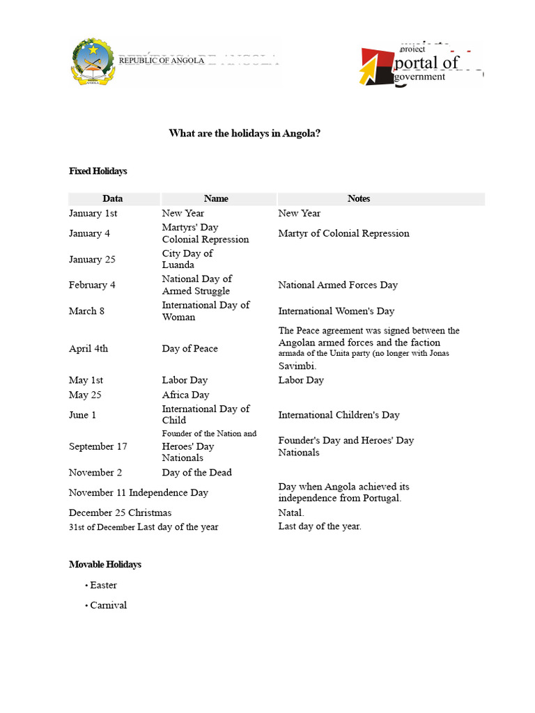 Holidays in Angola | PDF