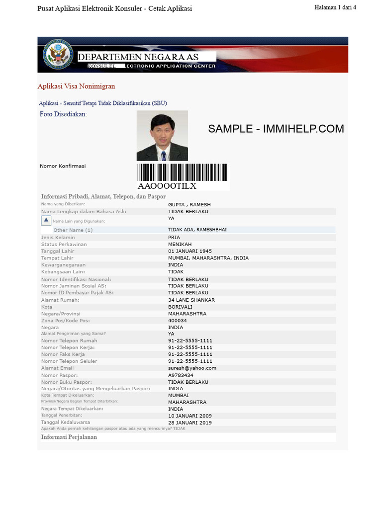 Contoh Formulir Ds 160 Aplikasi Visa AS | PDF