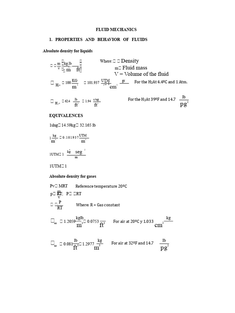 Fluid Mechanics: Properties and Equations | PDF | Viscosity | Pressure