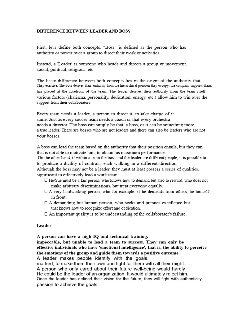 Leader vs. Boss: Key Differences Explained | PDF | Intelligence ...