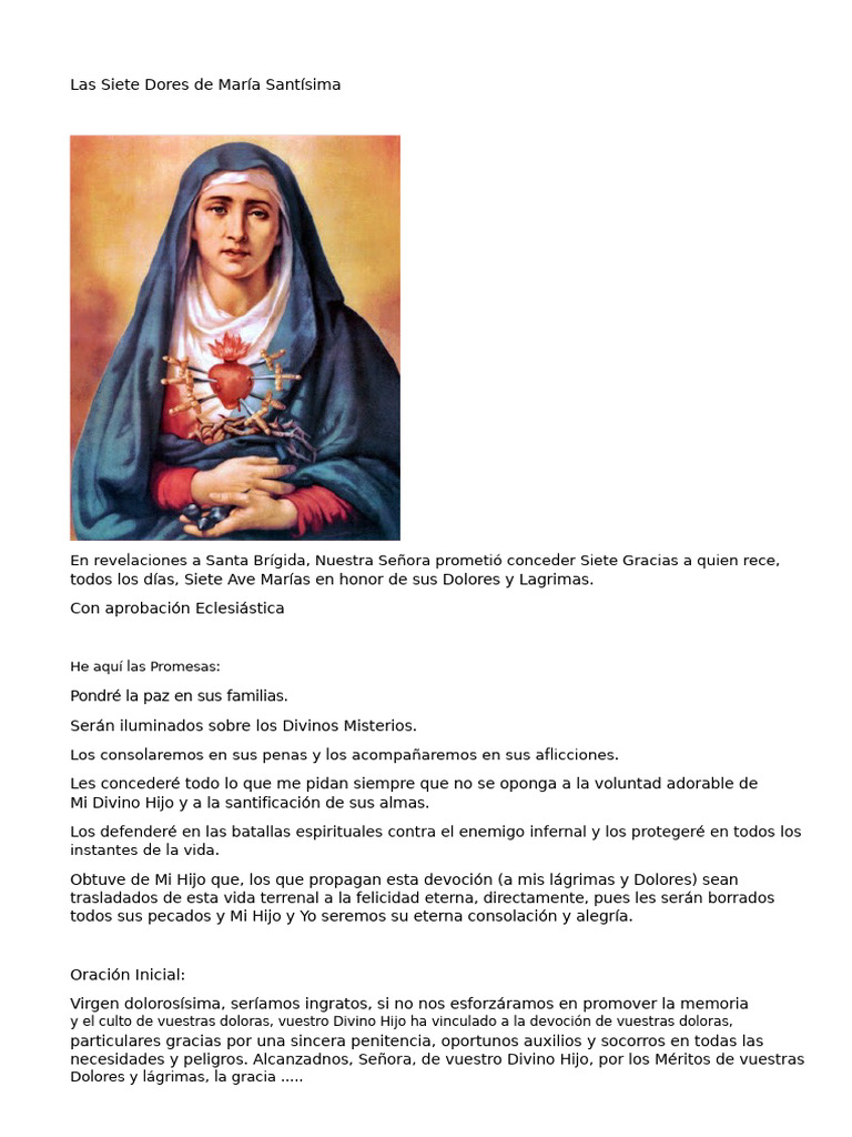 Siete Dores de María: Oraciones y Promesas | PDF | María, madre de ...