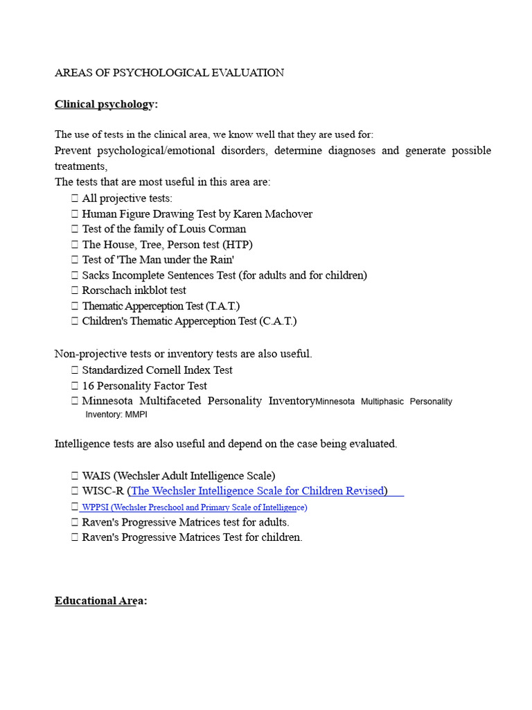 Types of Psychological Evaluation Tests | PDF | Wechsler Adult ...