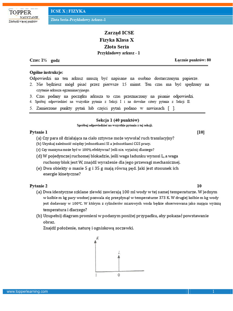ICSE-Fizyka Przykładowy Arkusz-1-Klasa 10 Arkusz Pytań | PDF