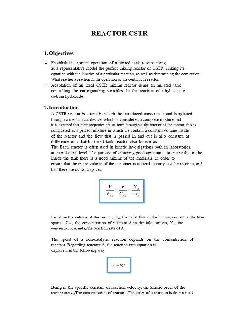 CSTR Reactor Operation and Kinetics | PDF | Reaction Rate | Chemical ...