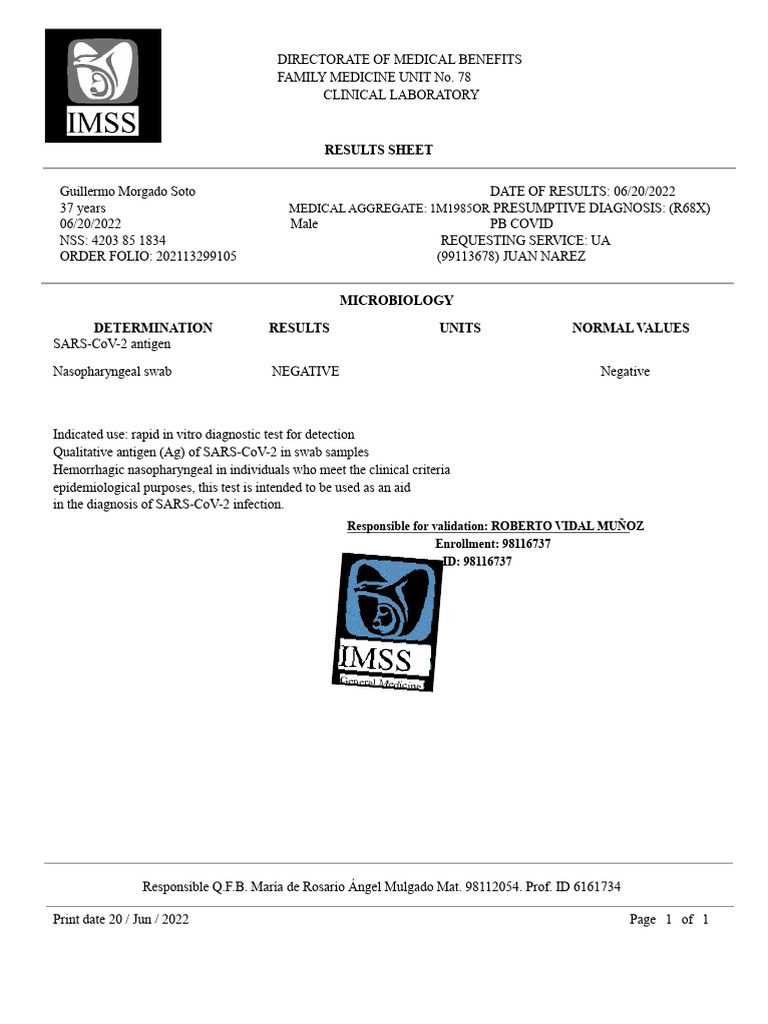 Covid Imss Rapid Test Results | PDF