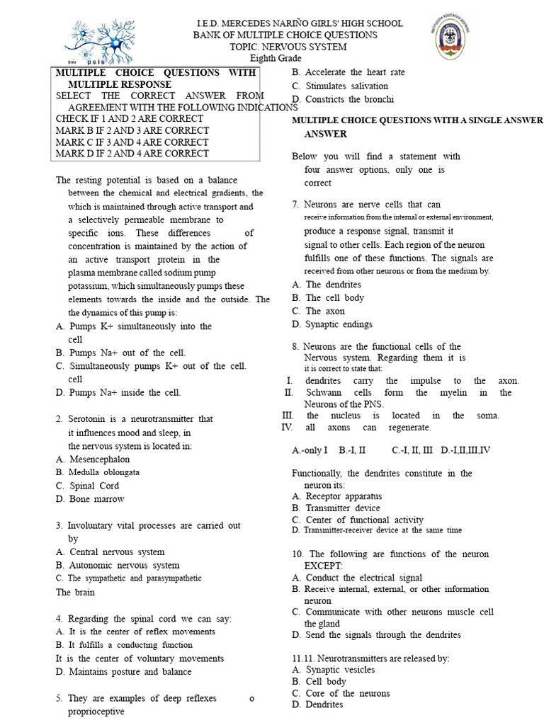 Nervous System MCQs for Eighth Grade | PDF | Neuron | Nervous System