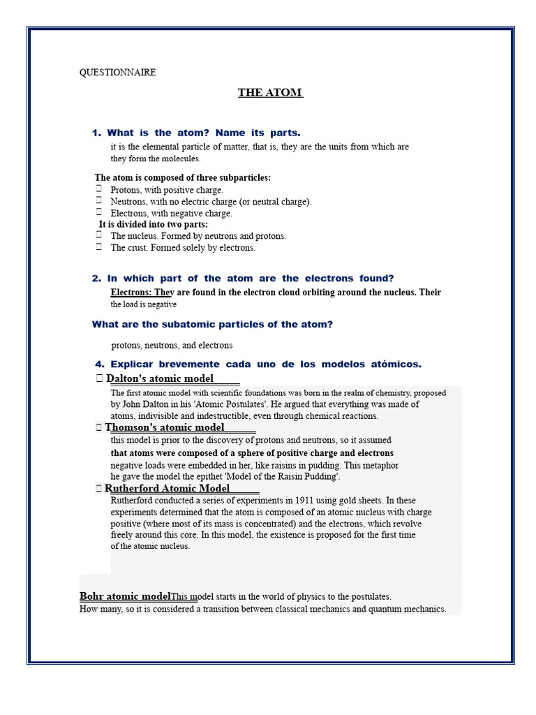 Questionnaire The Atom, Structure, Atomic Model | PDF | Atoms | Atomic ...