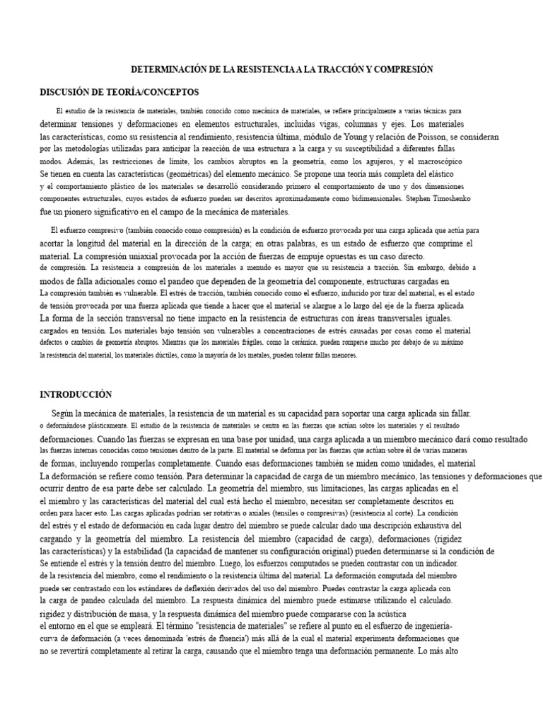 Determinación de La Resistencia A Tensión y Compresión | PDF ...
