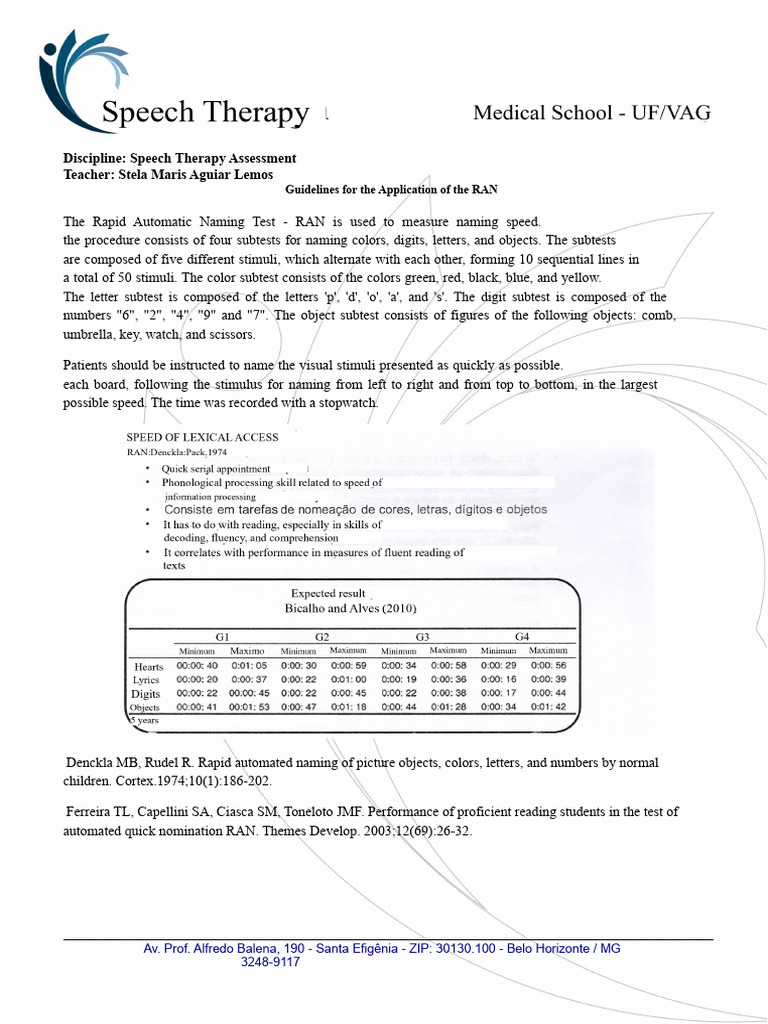 RAN Test Guidelines for Speech Therapy | PDF
