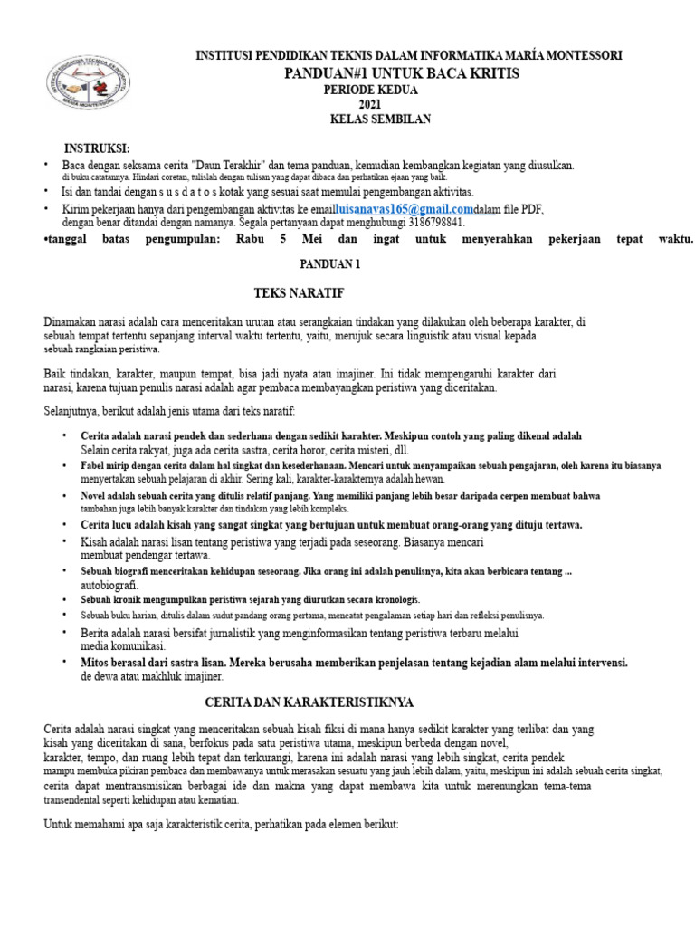 PANDUAN 1 PEMBACAAN KRITIS KELAS Sembilan PERIODE II 2021 | PDF