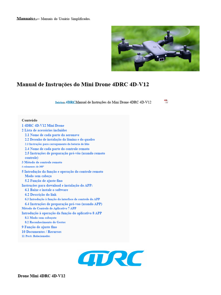 Manual do Mini Drone 4DRC 4D-V12 | PDF | Aeronave | Voo