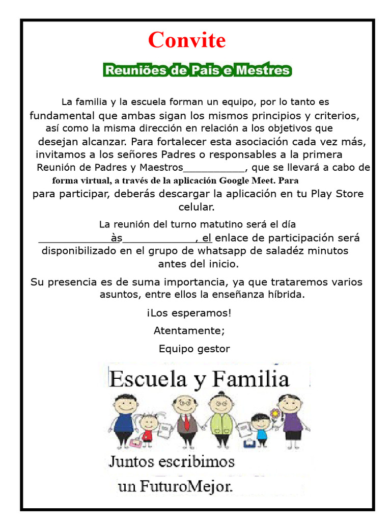 Modelo de Invitación para Reunión Virtual Padres y Maestros | PDF