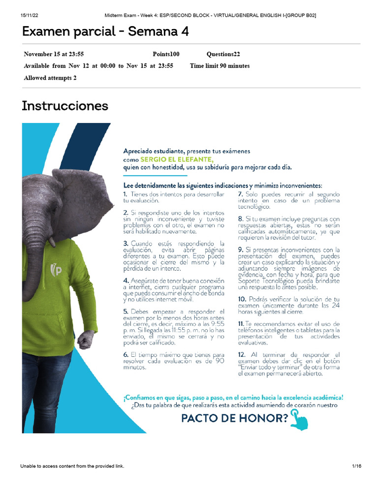 Midterm Exam - Week 4 - ESP - SECOND BLOCK - VIRTUAL - GENERAL ENGLISH I - (GROUP B02) | PDF