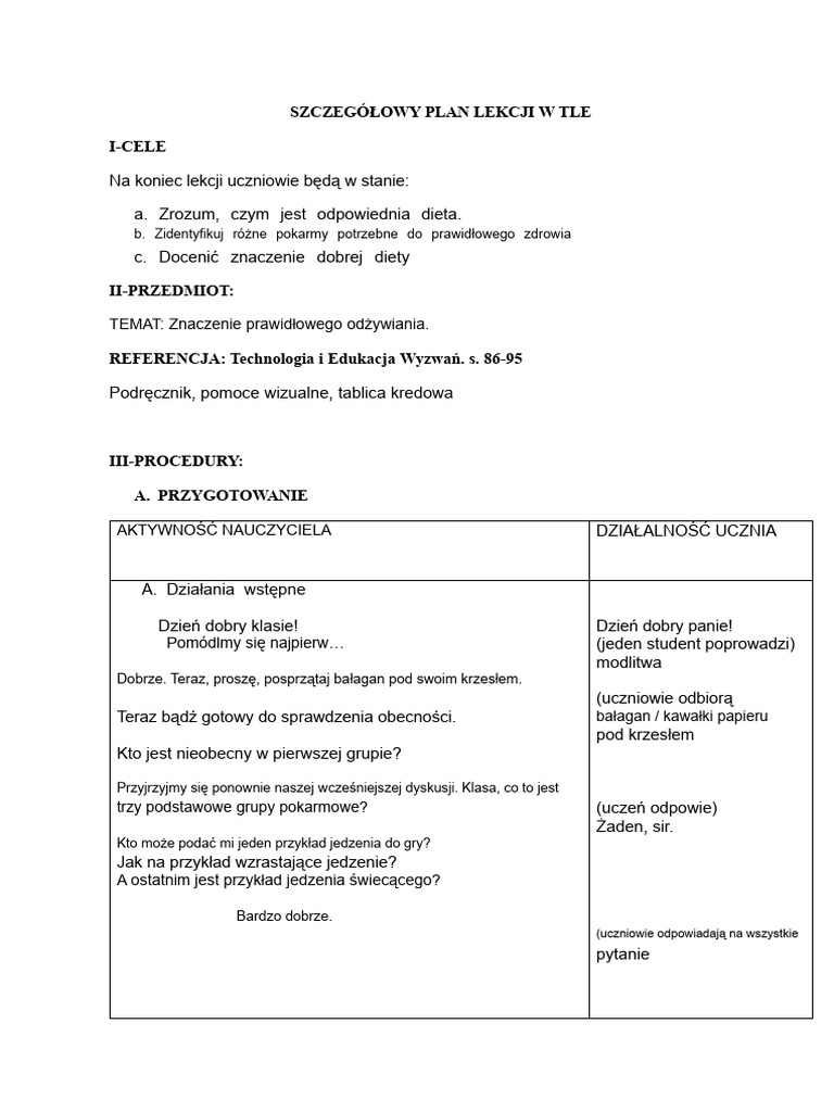 Szczegółowy Plan Lekcji W TLE | PDF