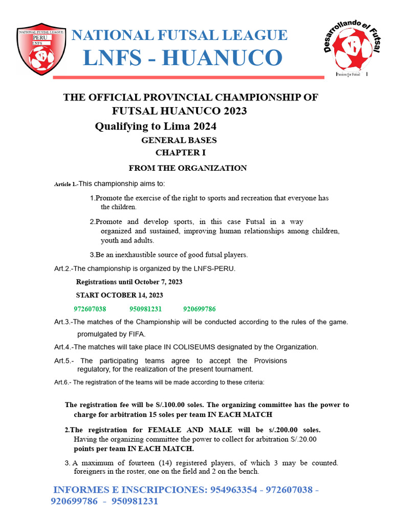 Provincial Futsal Rules Hco-Lima 2024 LNFS - Peru | PDF | Identity ...