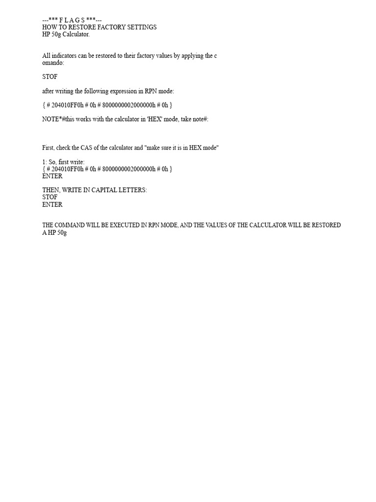FLAGS - HP 50g - How To Restore Factory Settings | PDF