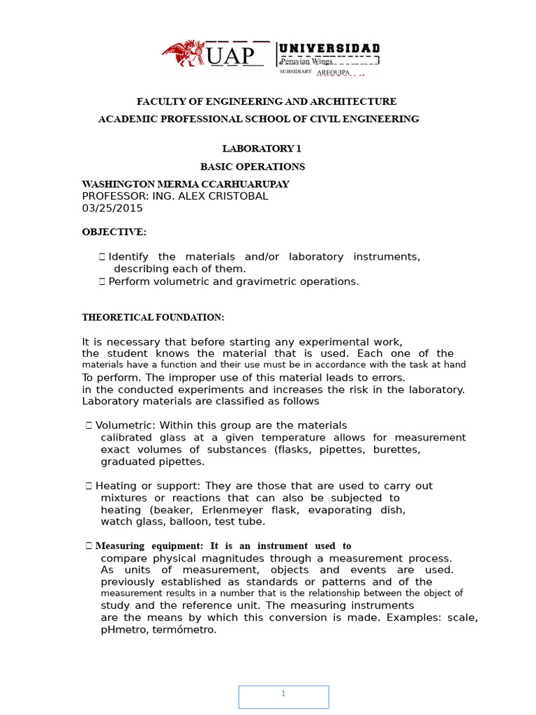 Chemistry Report 1 - Basic Operations | PDF | Volume | Accuracy And Precision