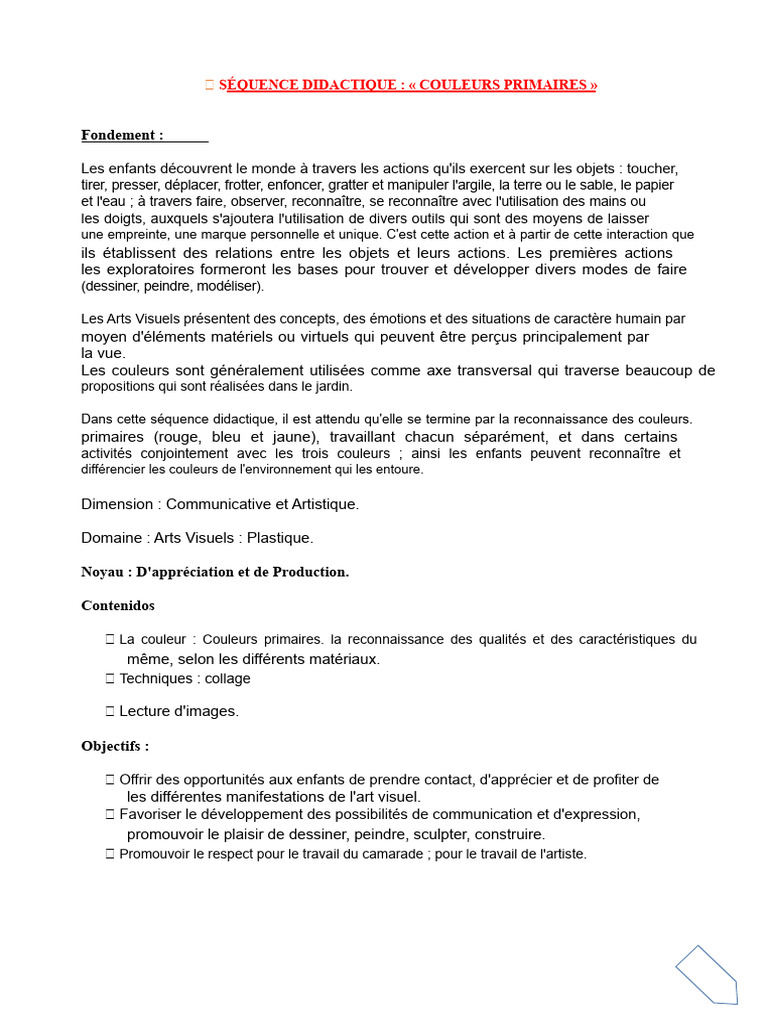 Séquence Didactique - Couleurs Primaires | PDF | Couleur | Jaune