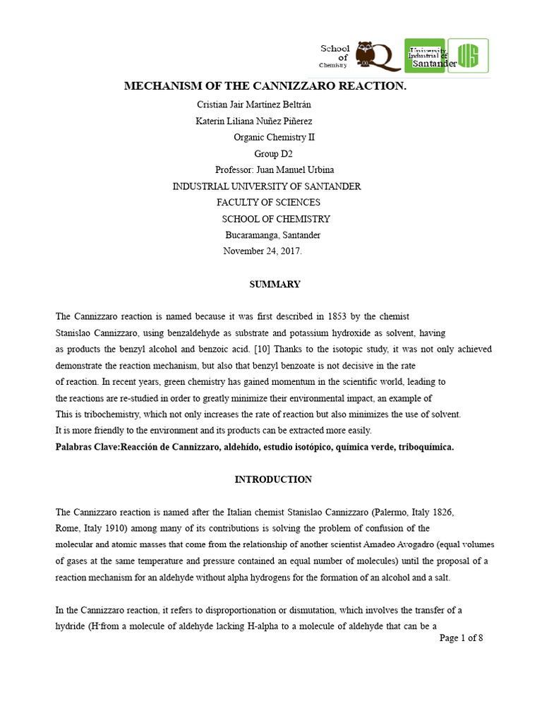 Crossed Cannizzaro Reaction Mechanism | PDF | Aldehyde | Chemical Reactions