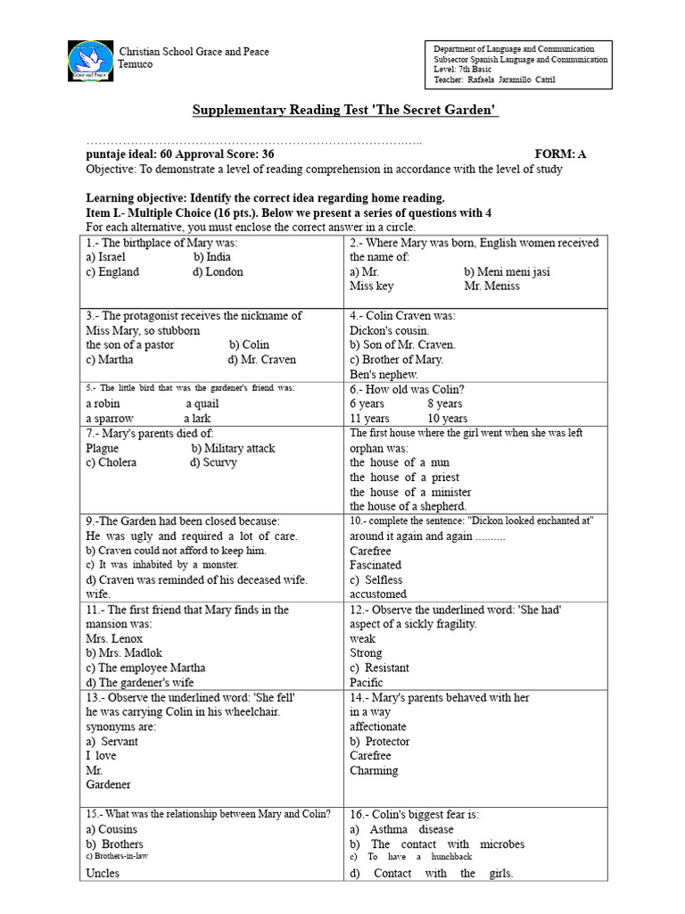 7th Grade Reading Test: The Secret Garden | PDF | The Secret Garden