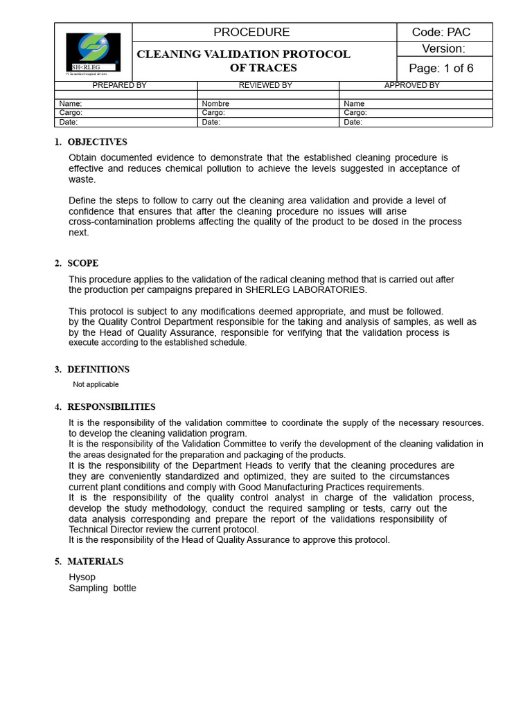 Pac Protocol For Trace Cleaning Validation | PDF | Verification And ...