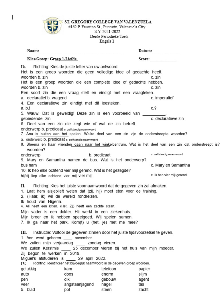 Graden 1 Examen (Engels) | PDF