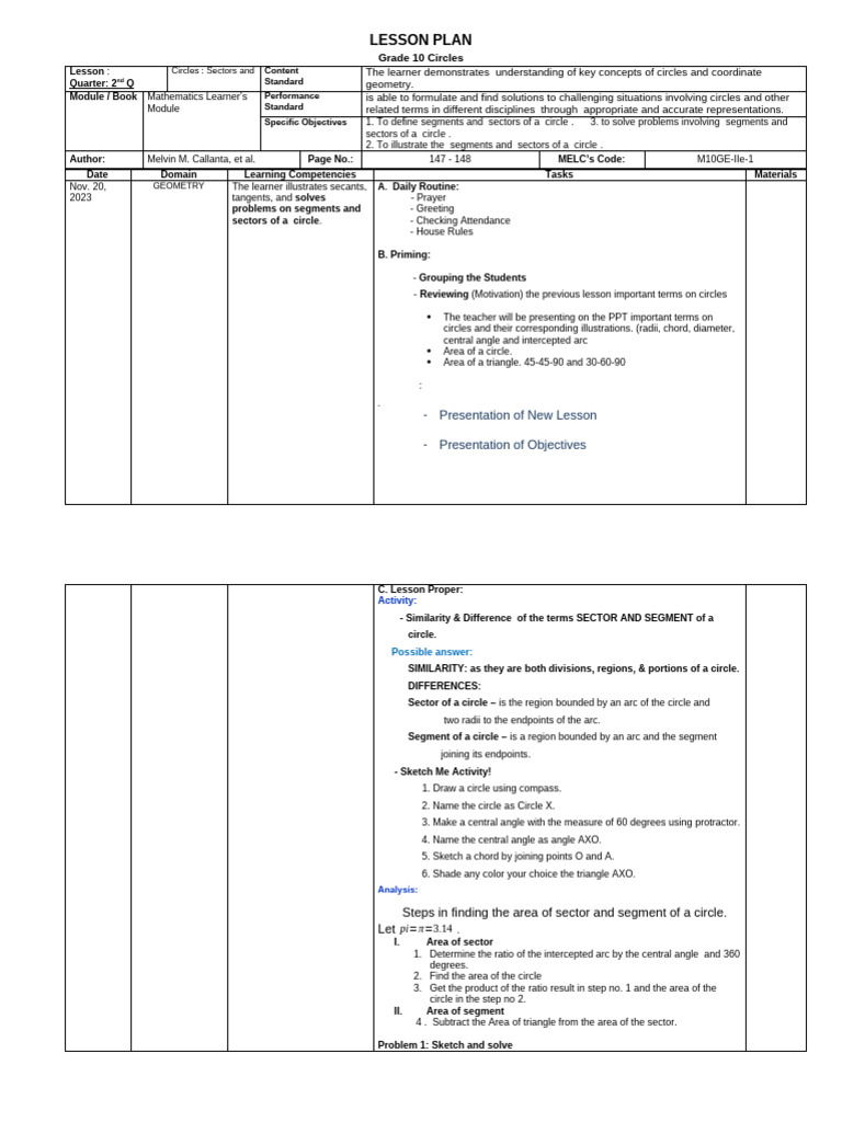 Grade 10 Lesson Plan: Circles & Segments | PDF | Circle | Area