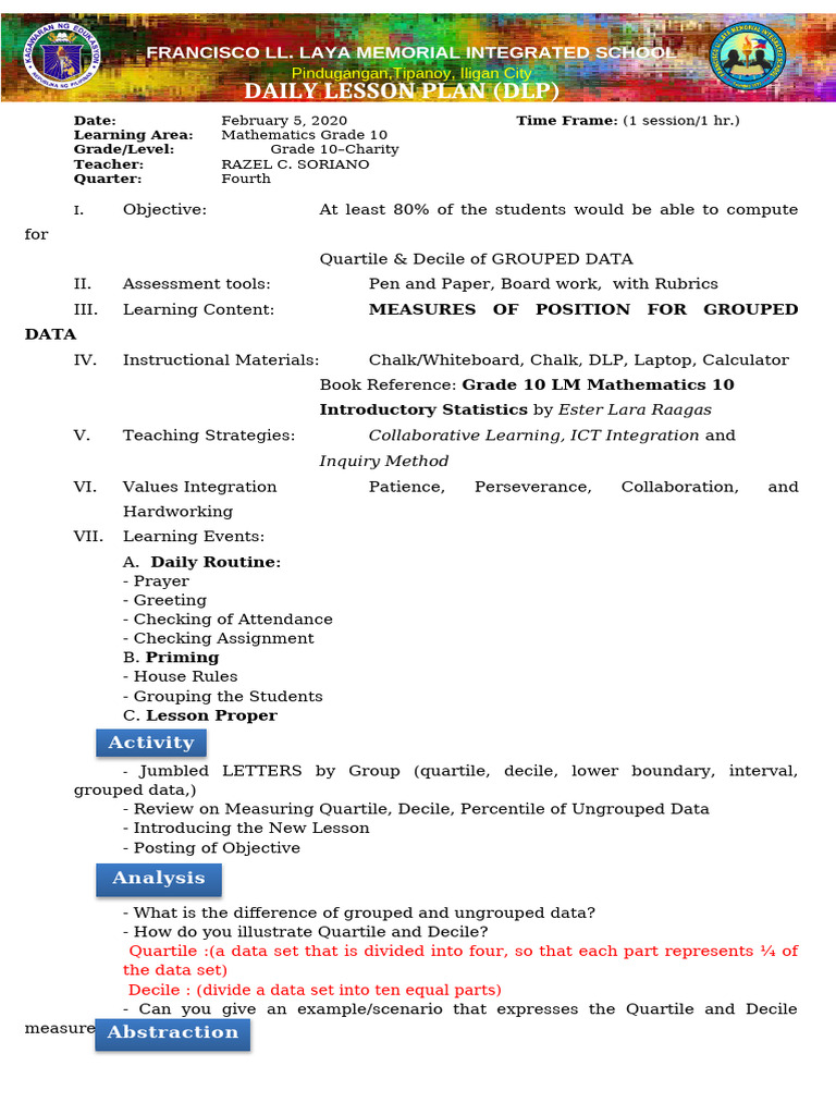 Grade 10 Math Lesson Plan: Quartiles & Deciles | PDF | Quartile | Learning