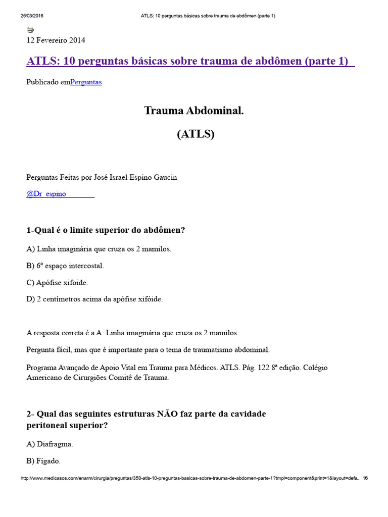 ATLS - 10 Perguntas Básicas Sobre Trauma Abdominal (Parte 1) PDF | PDF ...