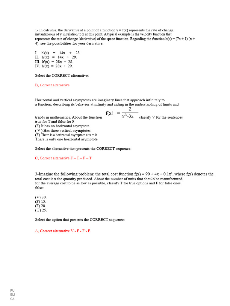 Answer Key Differential Calculus | PDF | Derivative | Asymptote