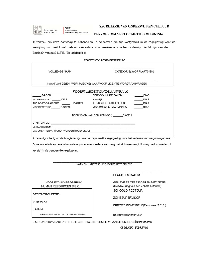 Aanvraagformulier Voor Verlof Met Behoud Van Salaris | PDF