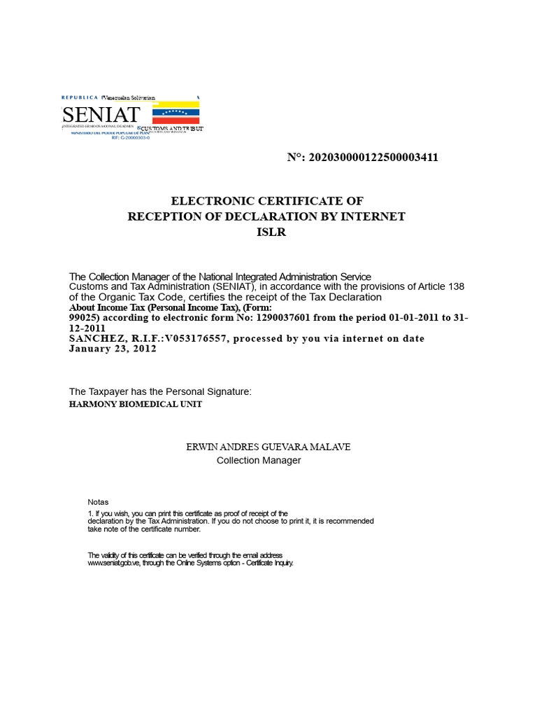 Electronic Tax Declaration Receipt Certificate | PDF