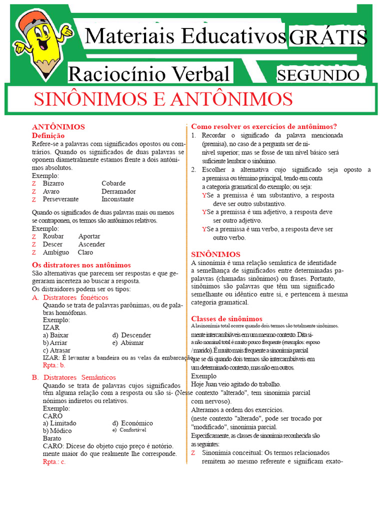 Sinônimos e Antônimos para 2º Ano | PDF | Linguística | Lexicologia