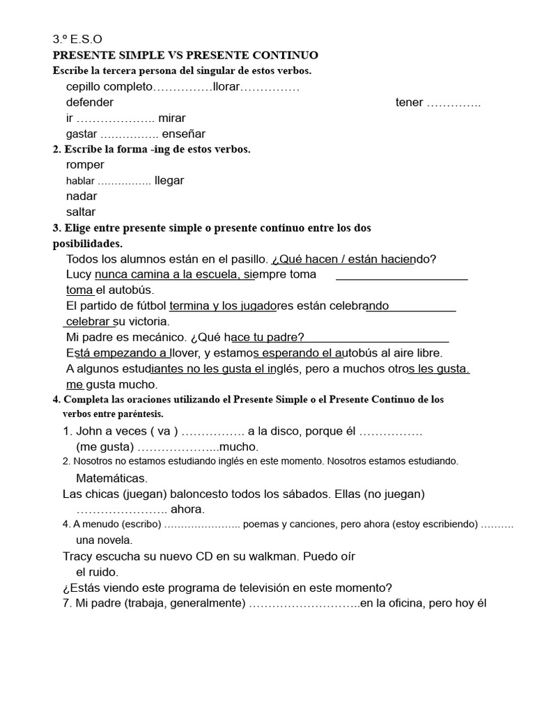 3 Eso Presente Simple VS Presente Continuo | PDF