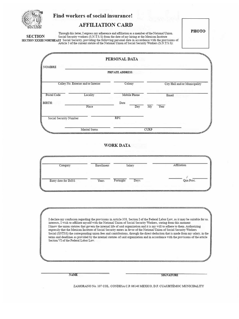 Membership Card of The National Union of Social Security Workers | PDF ...