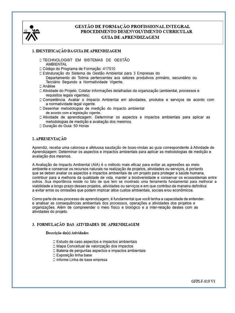 GFPI-F-019 - V3-SGA-Guia de Aspectos e Impactos Ambientais | PDF | Aprendizado | Ambiente natural