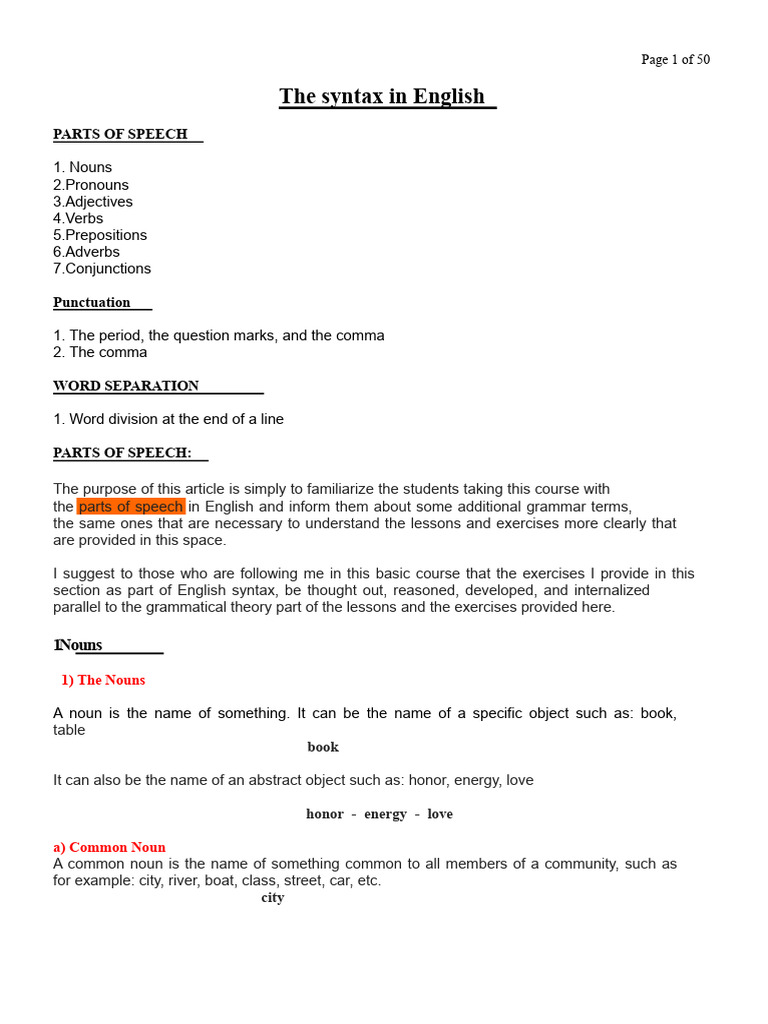 The Syntax in English | PDF | Part Of Speech | English Grammar