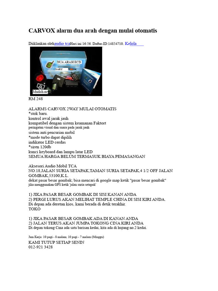 Alarm Mobil CARVOX 2 Cara Mulai Otomatis | PDF