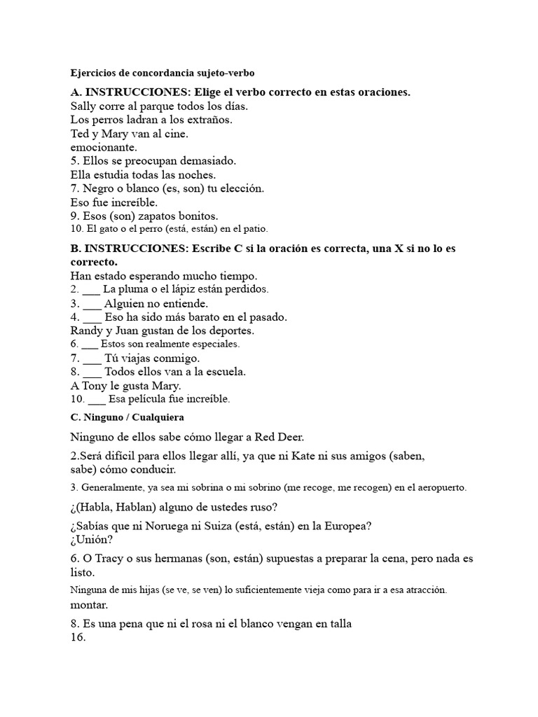 Ejercicios de Concordancia Verbal | PDF | Verbo | Oración (Lingüística)
